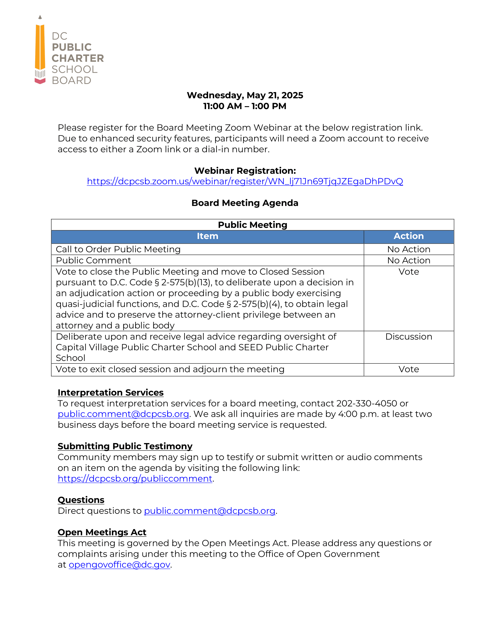 Special Board Meeting May 21 Dc Pcsb